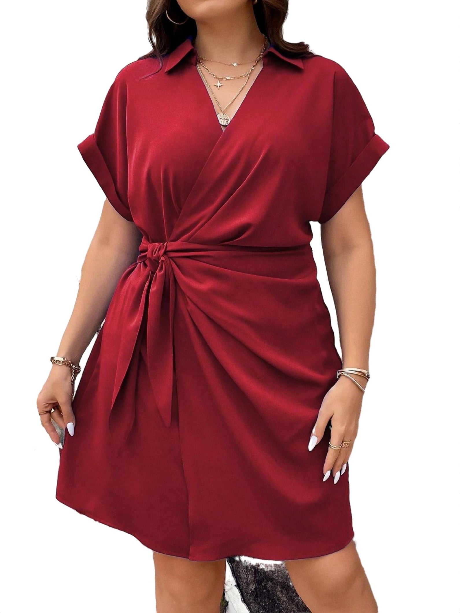 Casual Plain Shirt Dress Burgundy Plus Size Dresses - Walmart.com