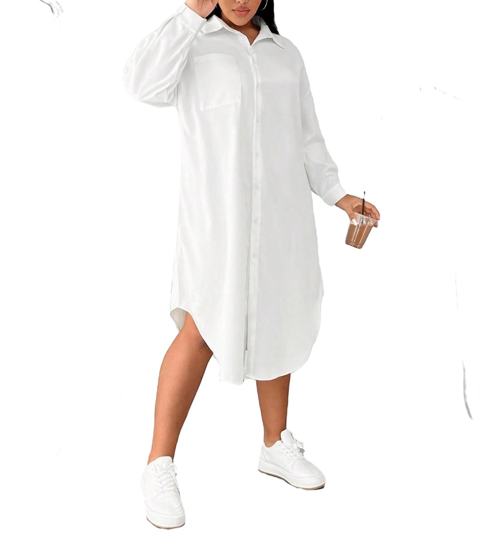Casual Plain Shirt Dress White Plus Size Dresses - Walmart.com