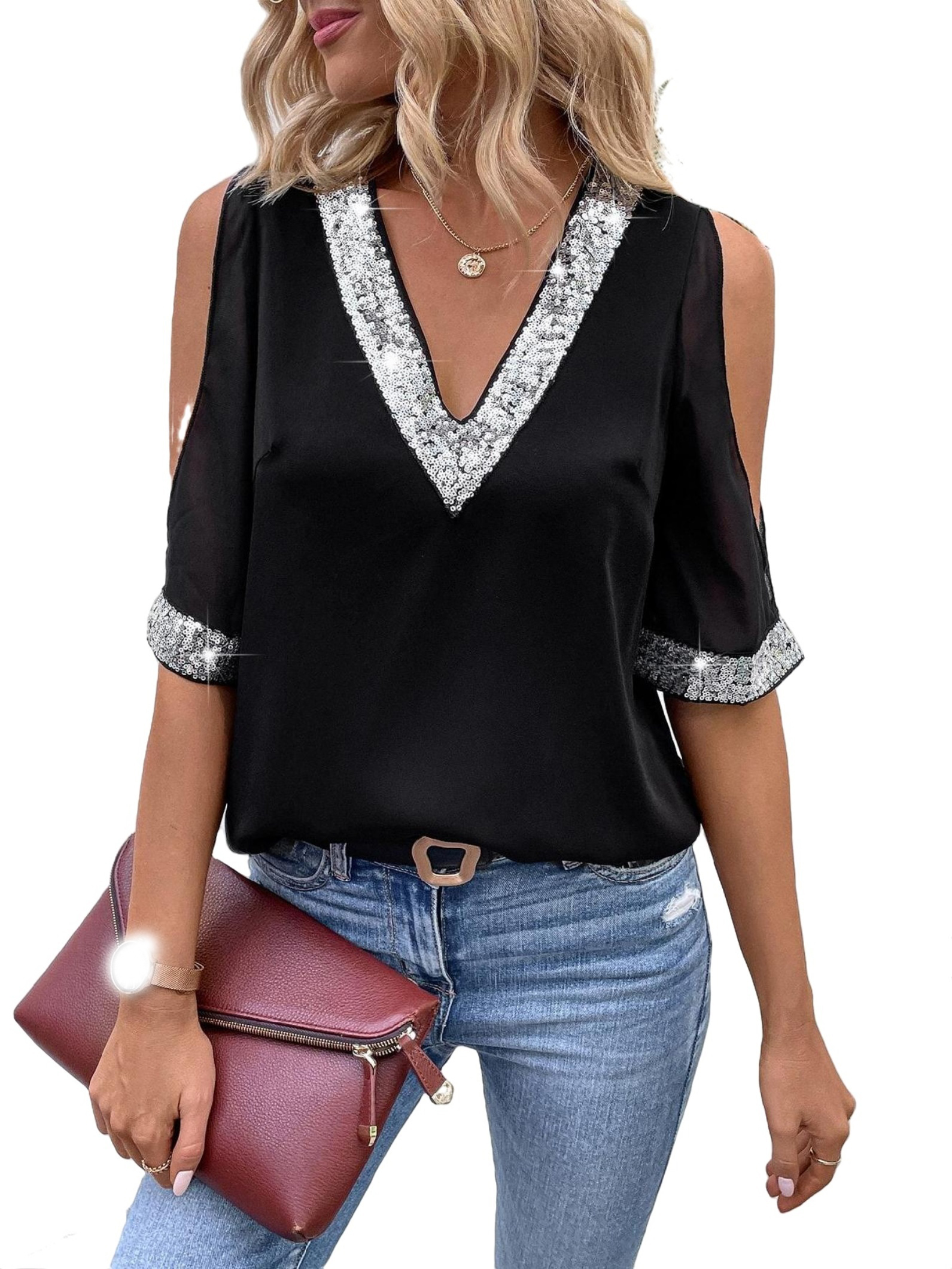 Casual Plain Spaghetti Strap Top Elbow-Length Black Women Blouses ...