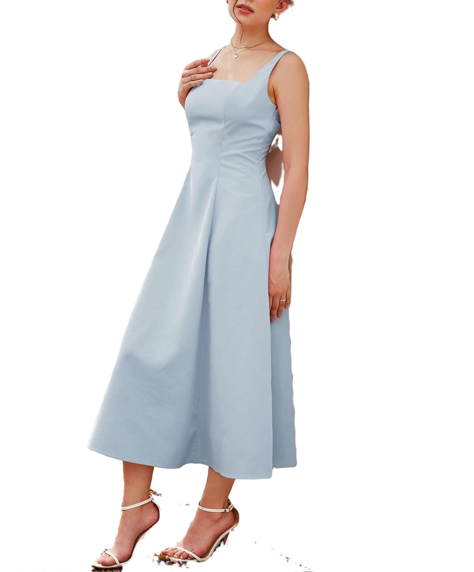 Casual Plain Square Neck A Line Sleeveless Baby Blue Women Dresses ...