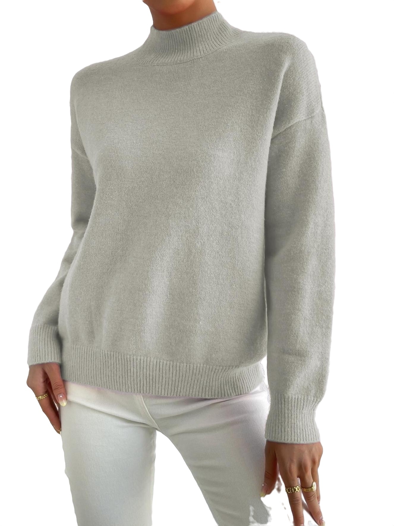 Casual Plain Stand Collar Pullovers Long Sleeve Light Grey Women ...