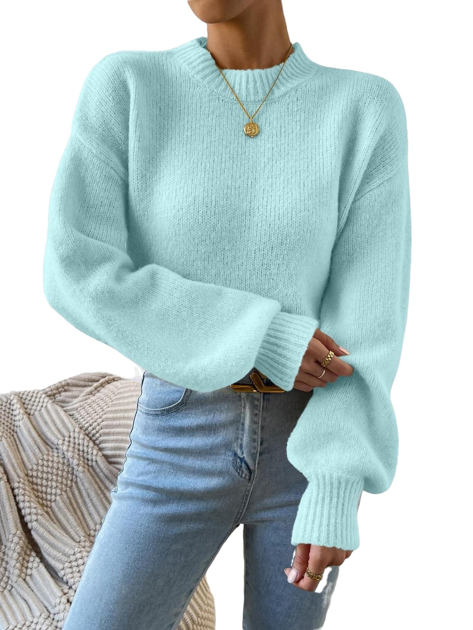 Casual Plain Stand Collar Pullovers Long Sleeve Mint Blue Women ...