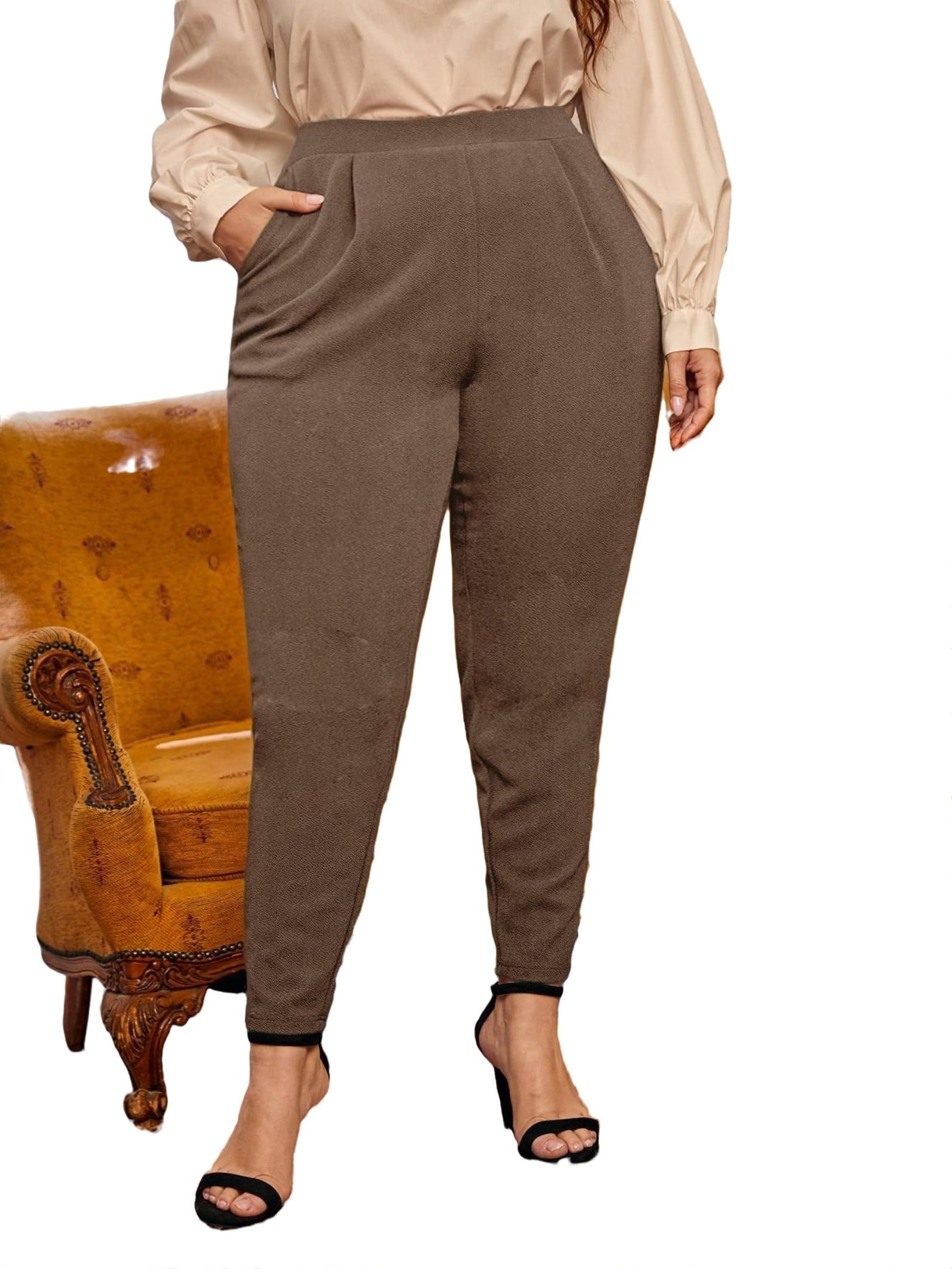 Casual Plain Tapered/Carrot Mocha Brown Plus Size Pants - Walmart.com