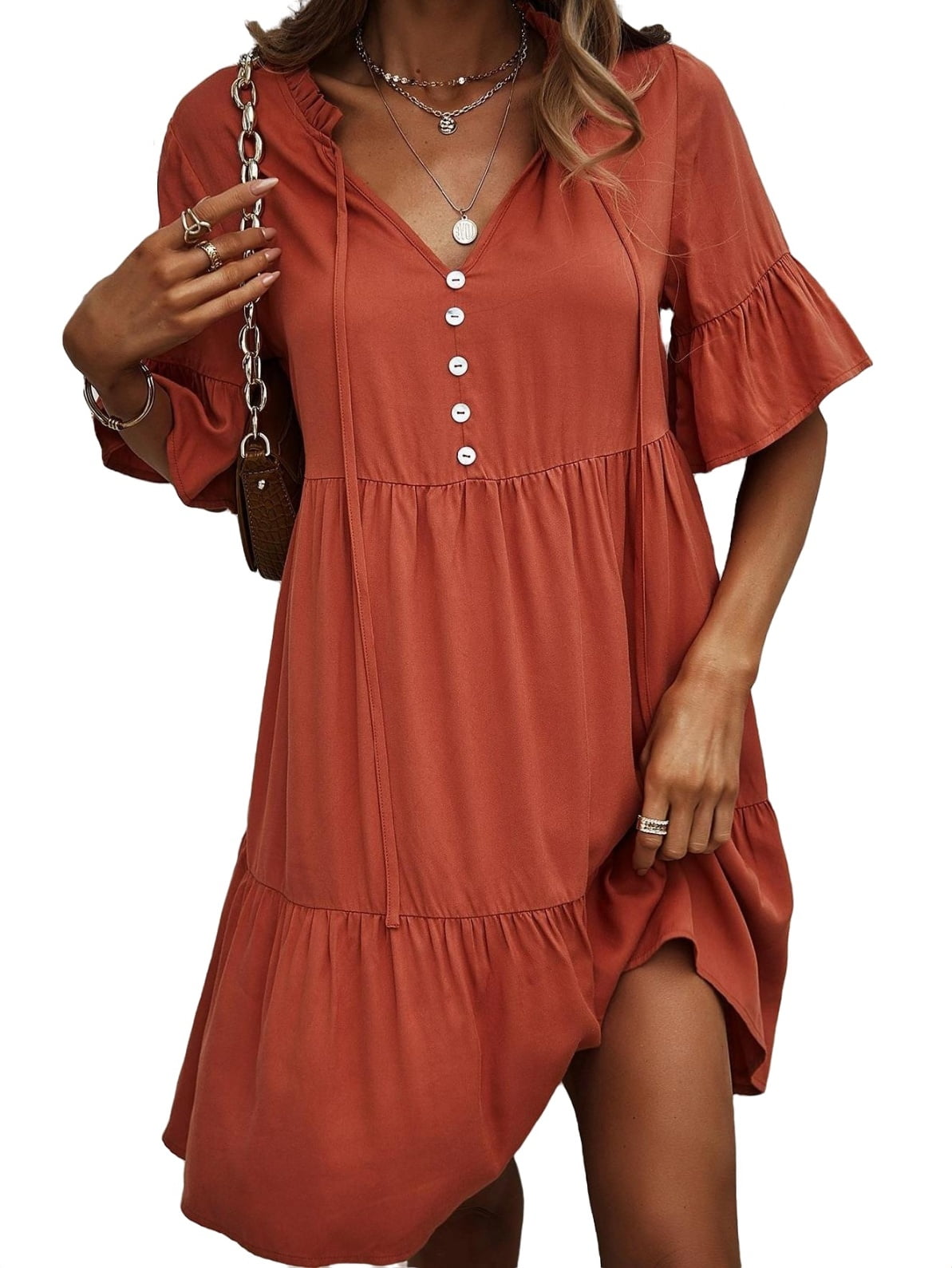 Casual Plain Tie Neck Smock Burnt Orange Womens Dresses