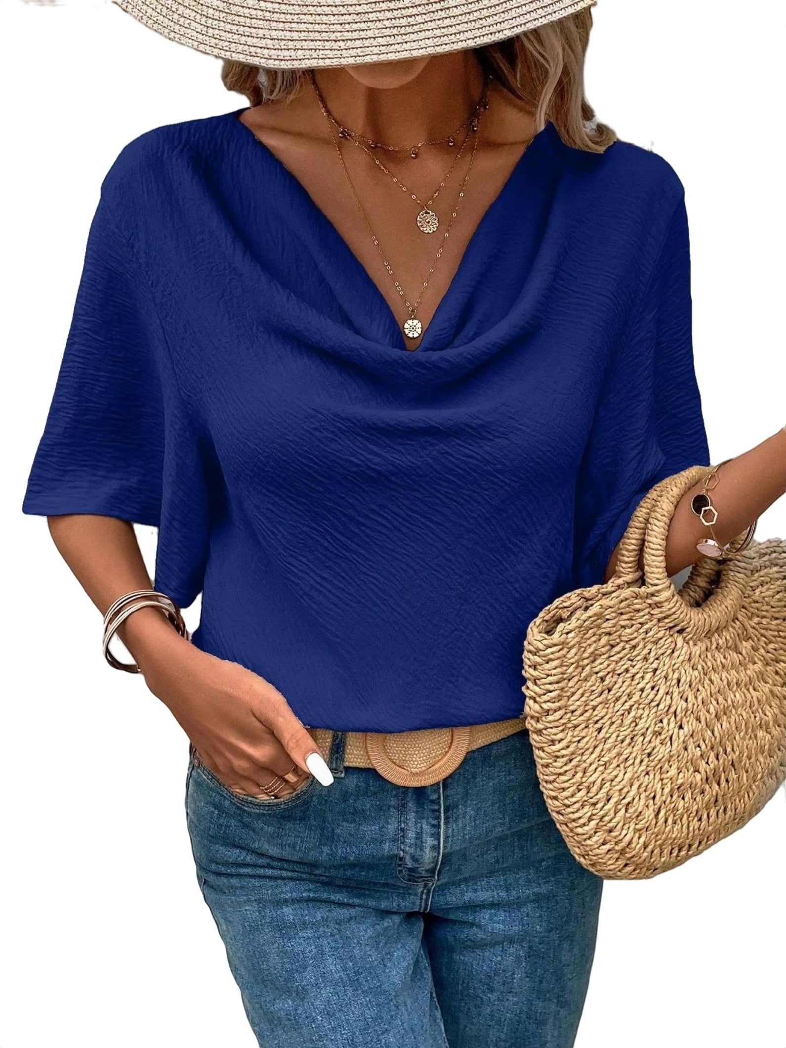 Casual Plain Top Cowl Neck Royal Blue Elbow-Length Women's Blouses XS ...