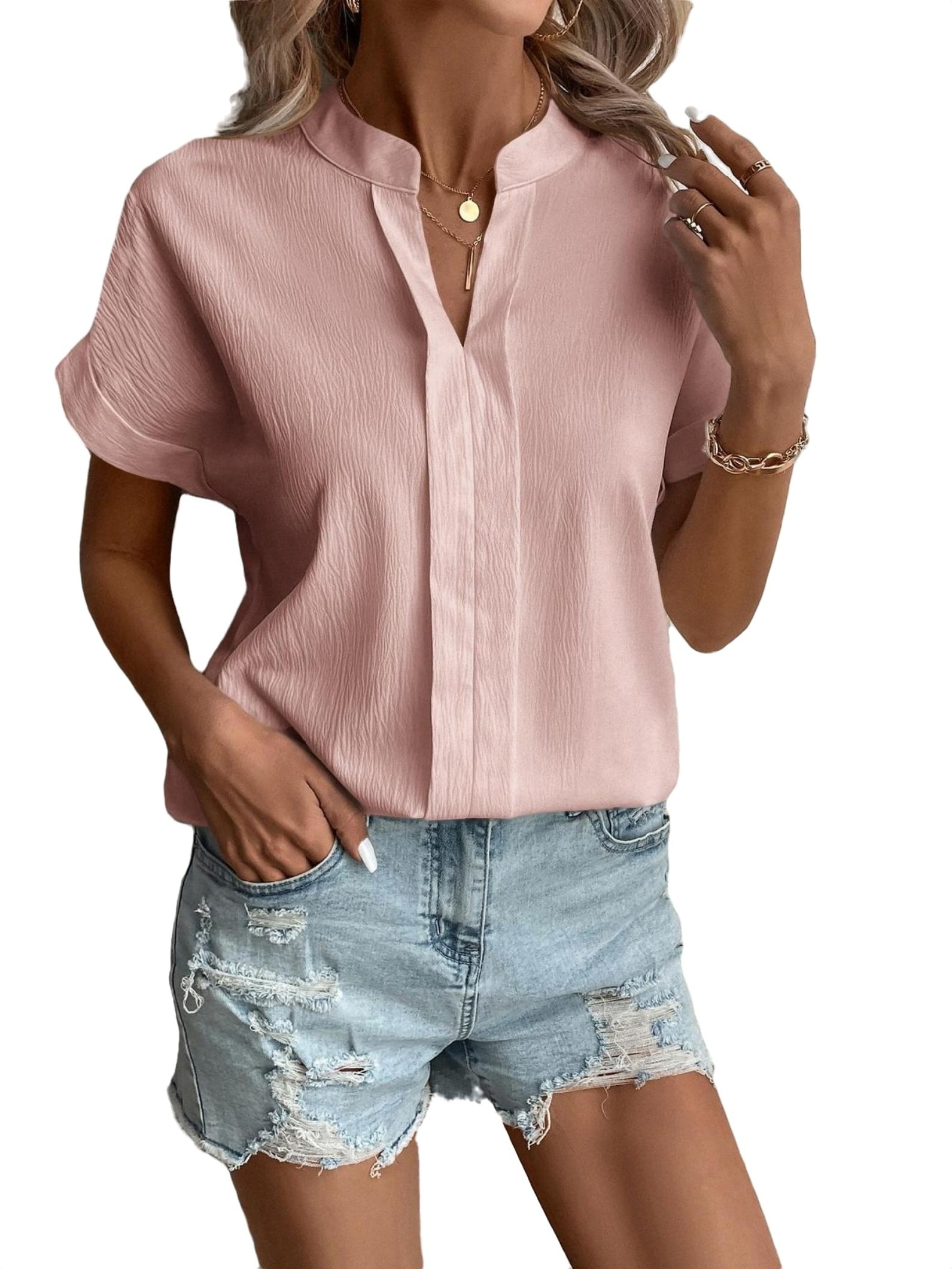 Casual Plain Top Notched Baby Pink Short Sleeve Women's Blouses XL (12 ...