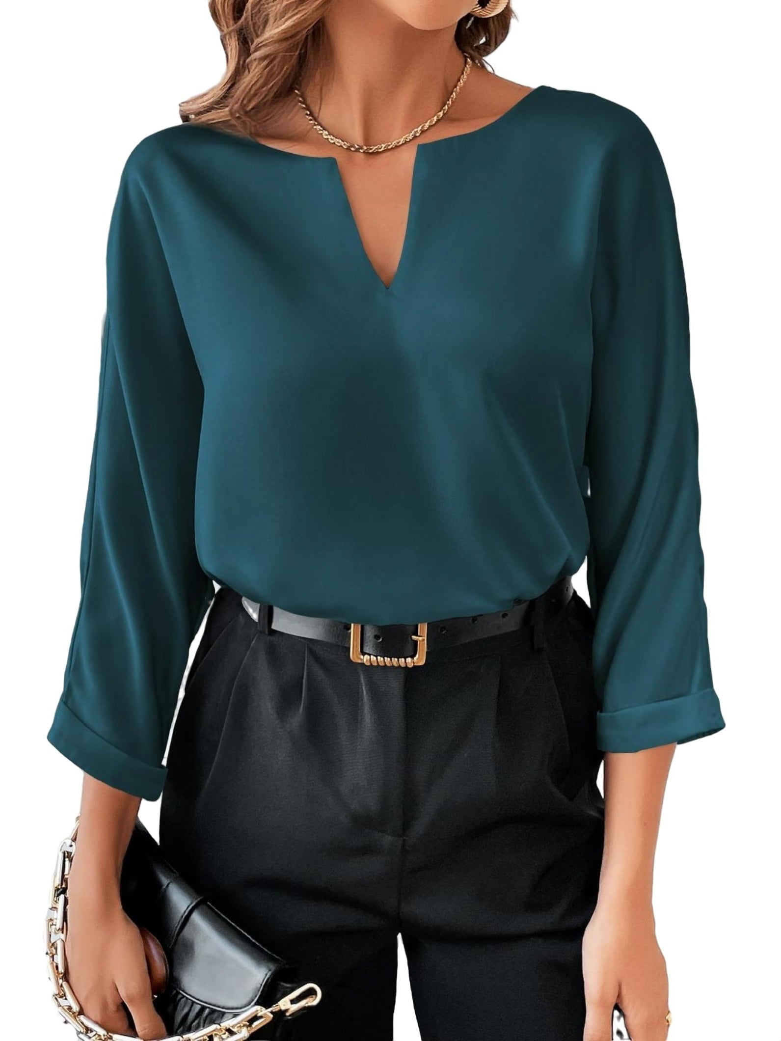 Casual Plain Top Notched Teal Blue 3/4 Sleeve Women's Blouses XS (2 ...