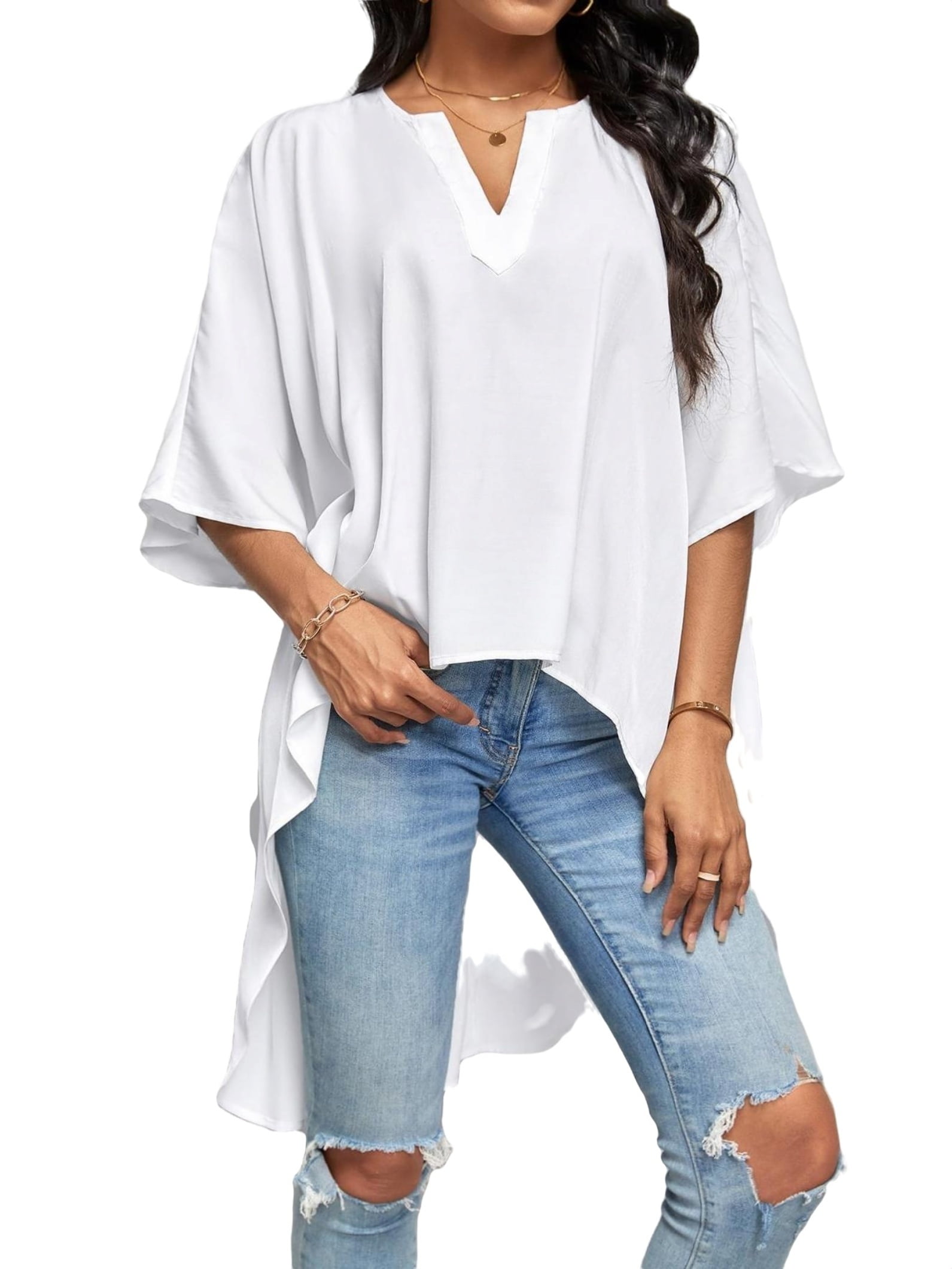 Casual Plain Top Notched White 3/4 Sleeve Women's Blouses XS (2 ...