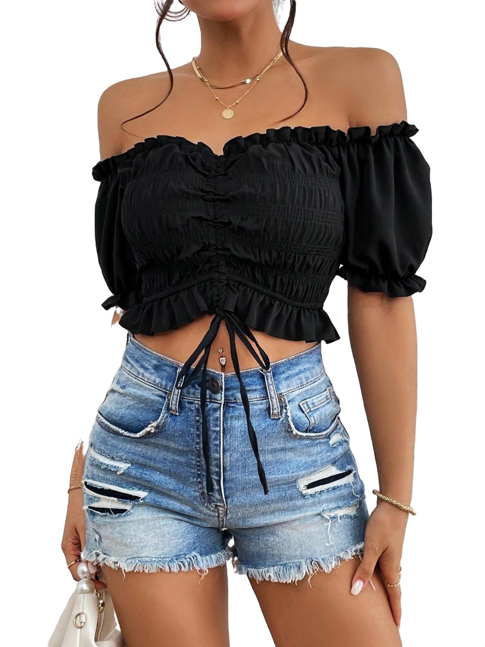 Casual Plain Top Off the Shoulder Black Short Sleeve Women's Blouses XL ...