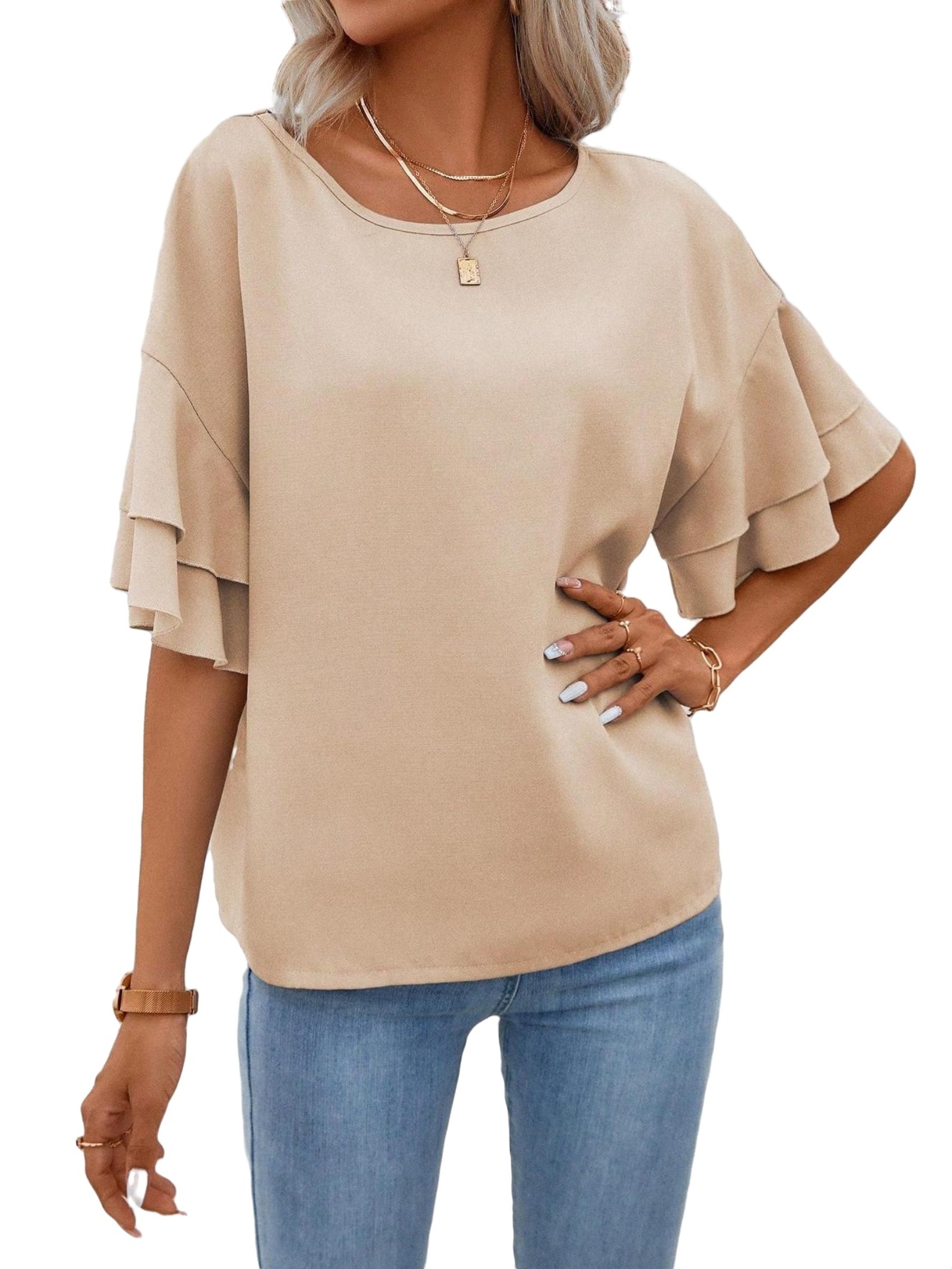 Casual Plain Top Round Neck Apricot Elbow-Length Women's Blouses L (8/ ...