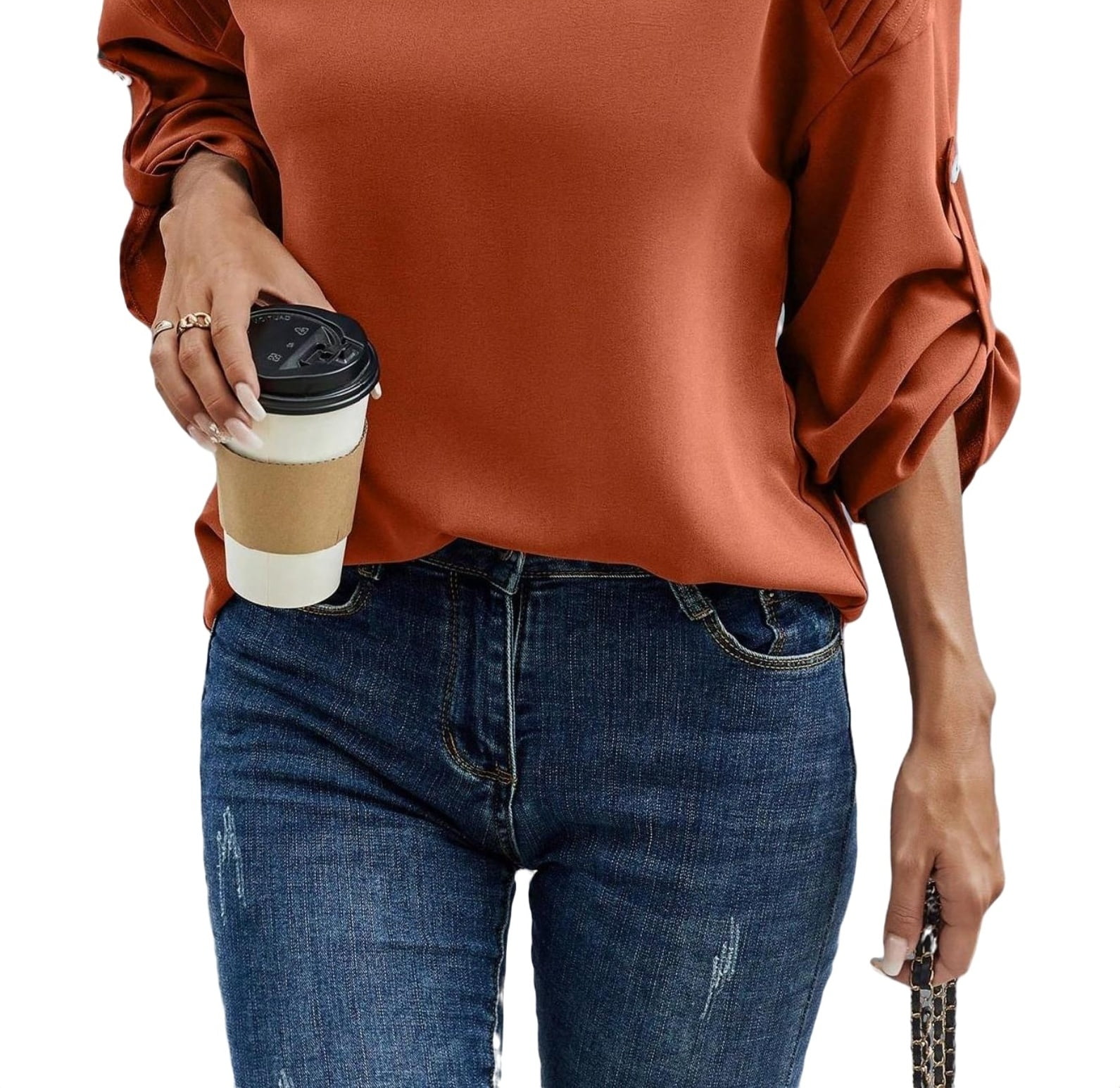 Casual Plain Top Round Neck Burnt Orange Long Sleeve Women's Blouses L ...
