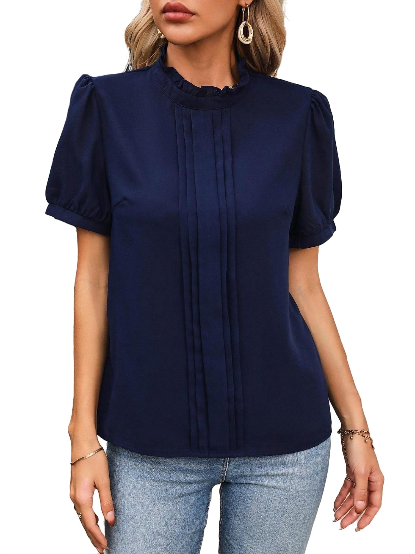 Casual Plain Top Stand Collar Navy Blue Short Sleeve Women's Blouses M ...