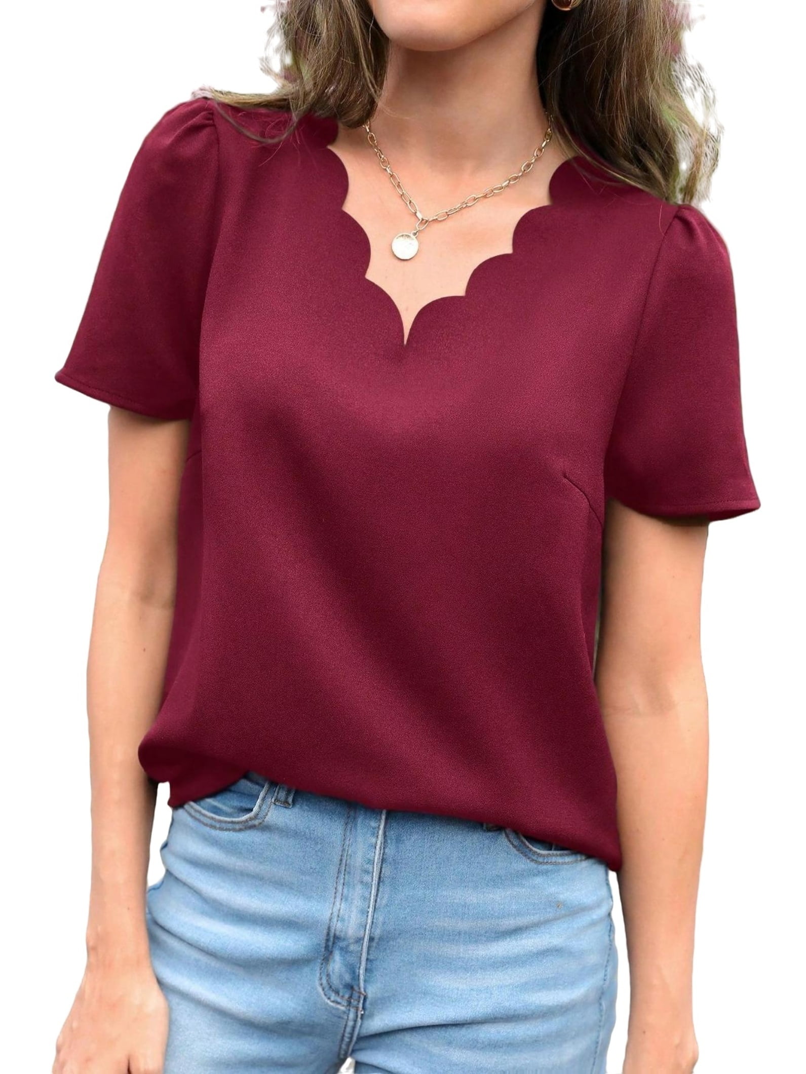 Casual Plain Top V neck Burgundy Short Sleeve Women's Blouses L (8/10 ...