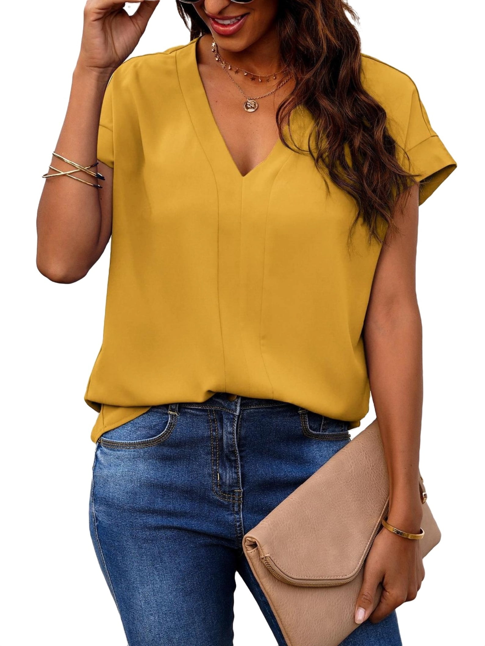 Casual Plain Top V neck Mustard Yellow Short Sleeve Women's Blouses XL ...