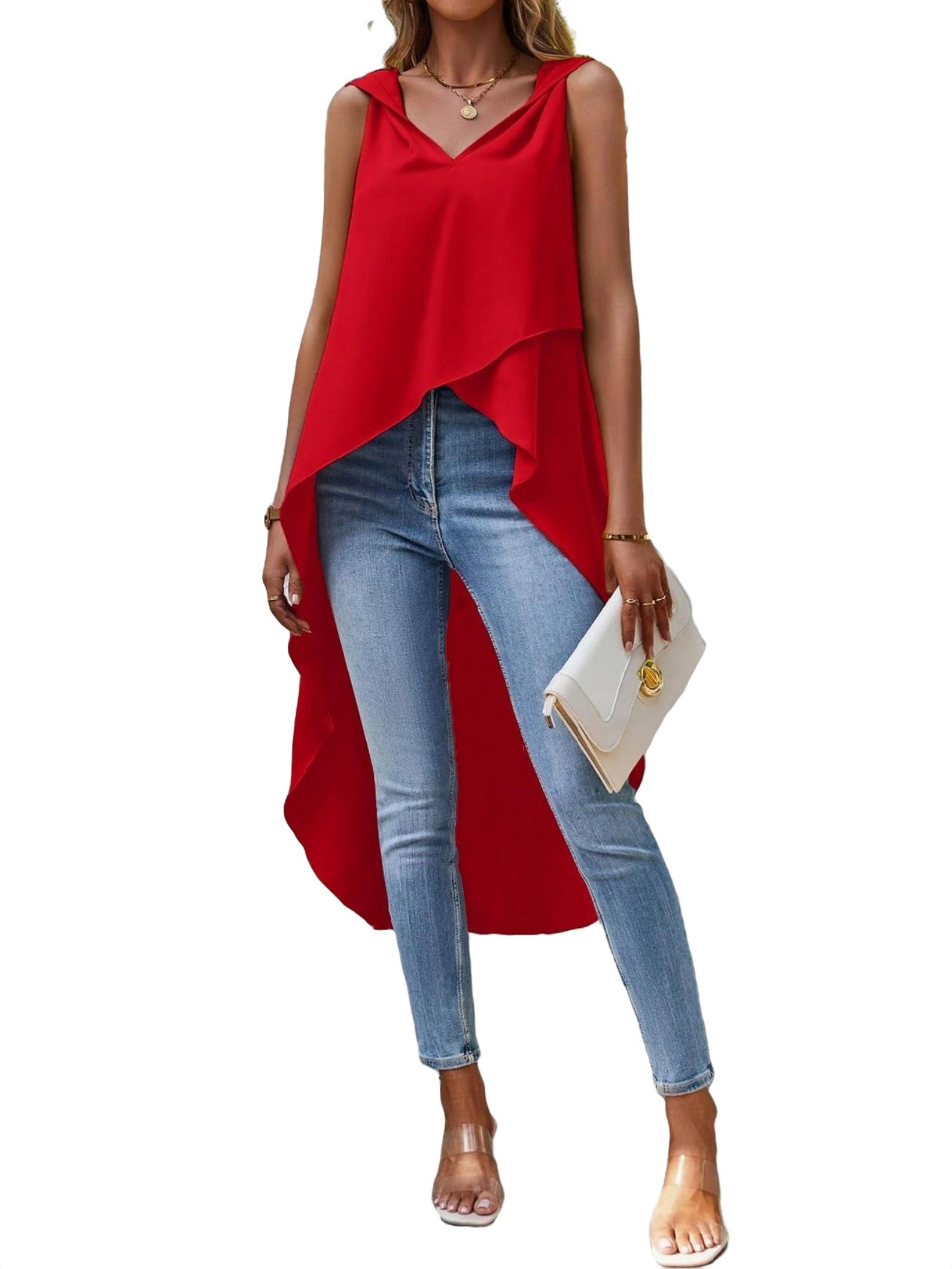Casual Plain Top V neck Red Sleeveless Women's Blouses L (8/10 ...