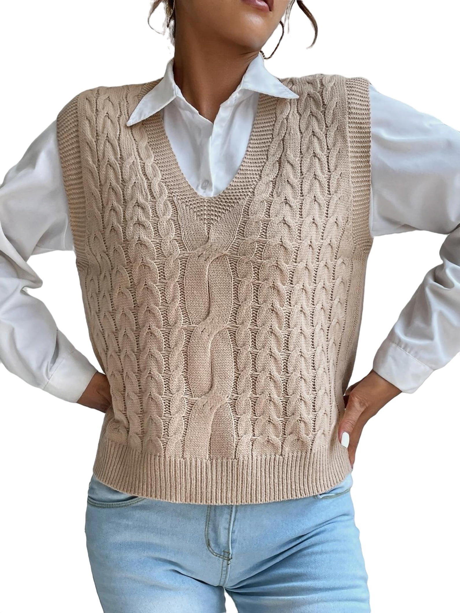 Casual Plain V neck Apricot Women Sweater Vests (Women's) - Walmart.com