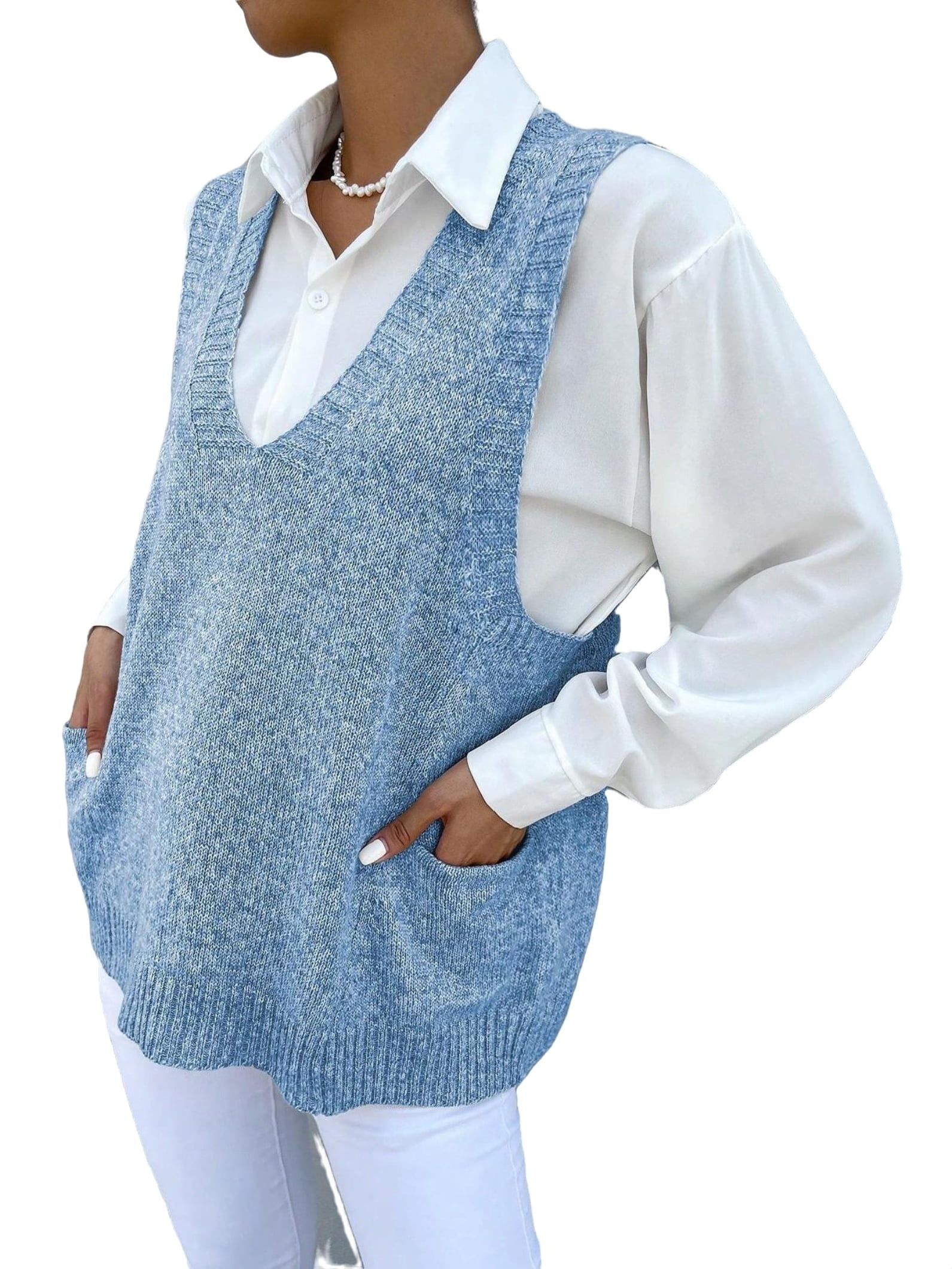 Casual Plain V neck Baby Blue Women Sweater Vests (Women's) - Walmart.com