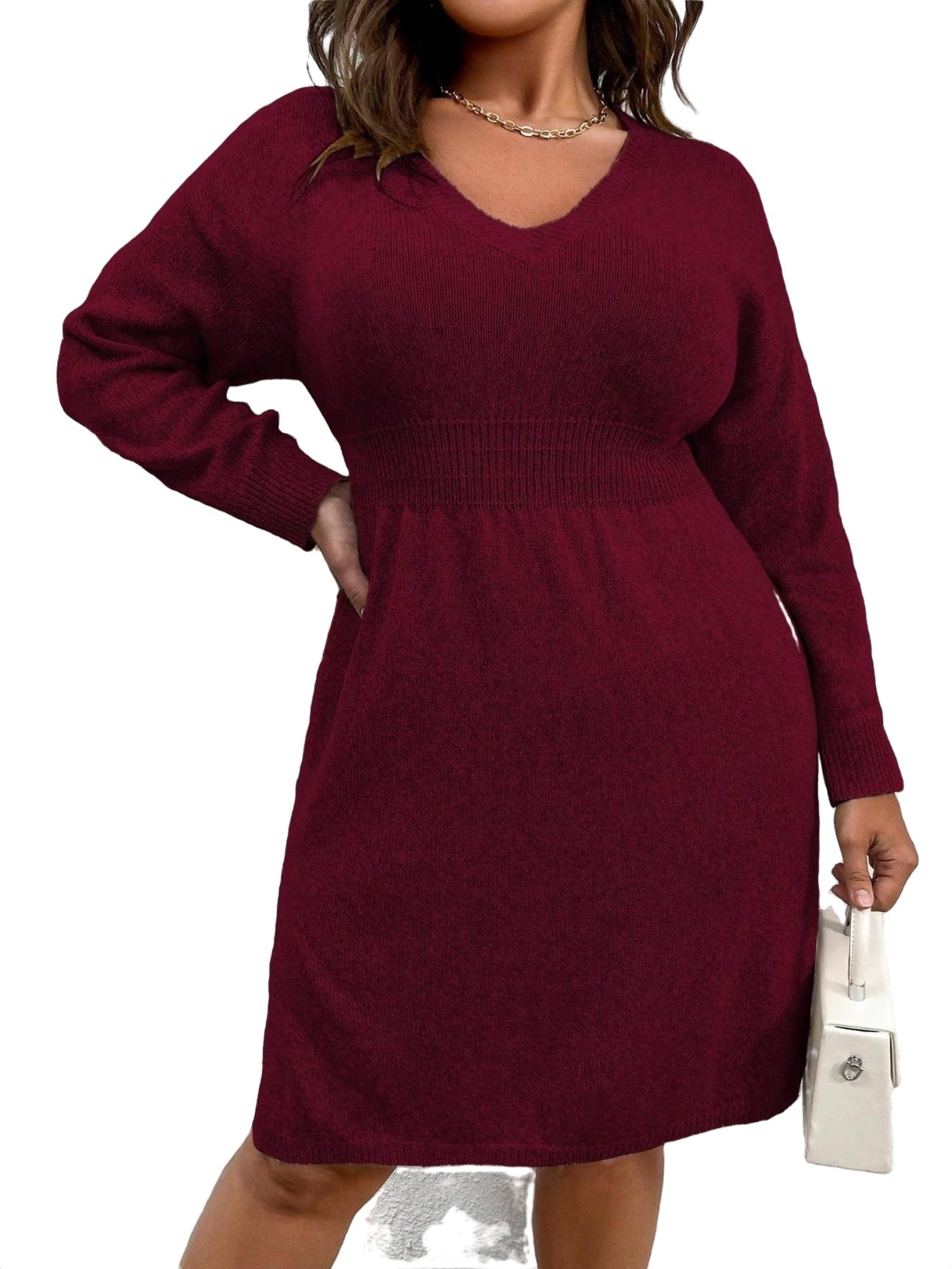Casual Plain V Neck Burgundy Plus Size Sweater Dresses