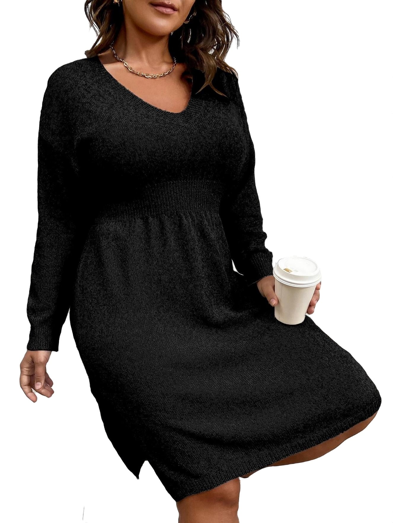 Casual Plain V neck Long Sleeve Black Plus Size Sweater Dresses (Women ...