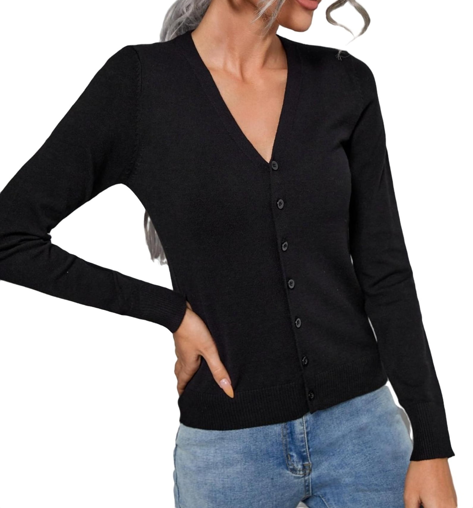 Casual Plain V neck Long Sleeve Black Women Cardigans (Women's ...