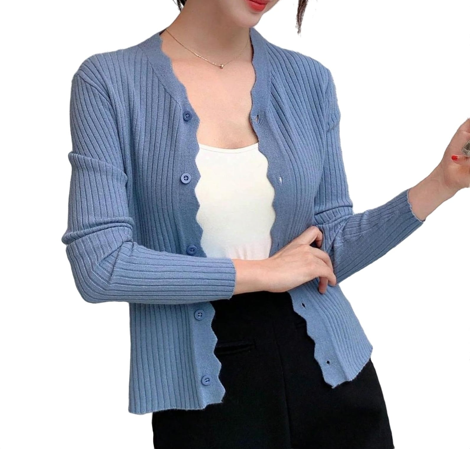 Casual Plain V neck Long Sleeve Dusty Blue Women Cardigans (Women's ...