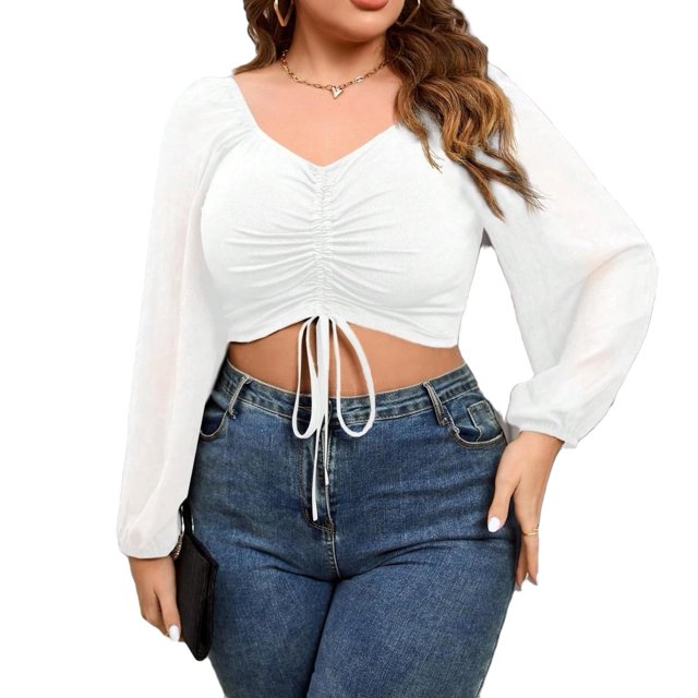 Casual Plain V Neck Long Sleeve White Plus Size Women Tops Womens