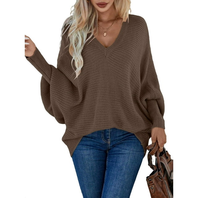 Casual Plain V neck Pullovers Long Sleeve Mocha Brown Women Sweaters ...