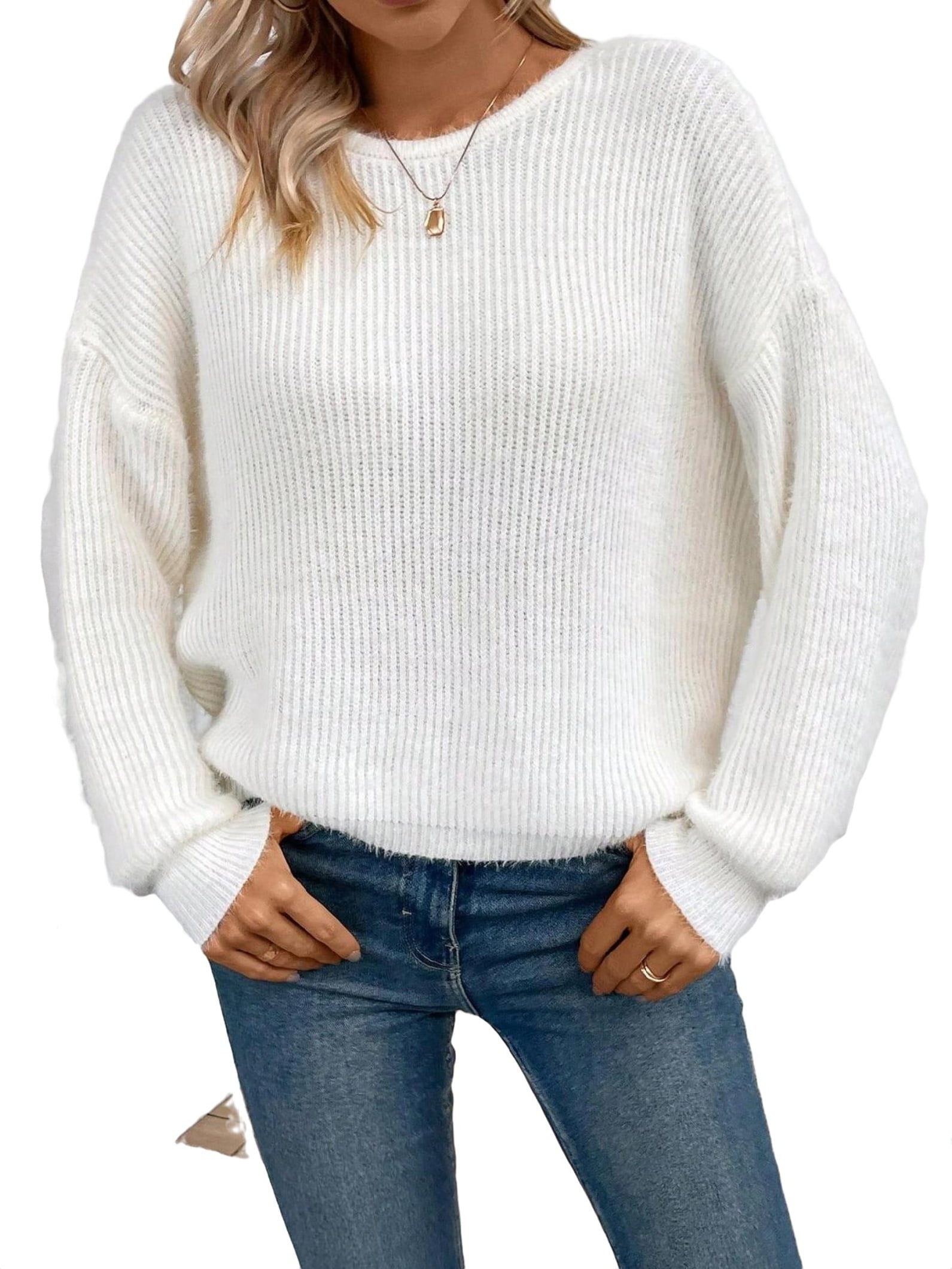 Casual Plain V neck Pullovers Long Sleeve White Women Sweaters (Women's ...