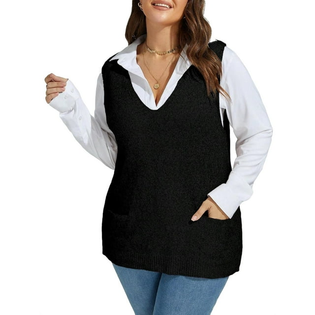 Casual Plain V neck Sleeveless Black Plus Size Sweater Vests (Women's ...