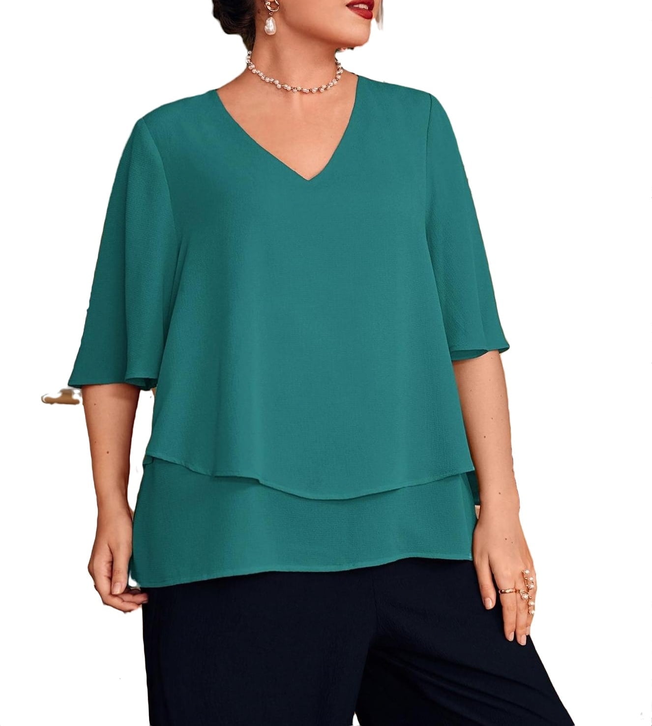 Casual Plain V neck Top Elbow-Length Teal Blue Plus Size Blouses (Women's Plus Tops ) - Walmart.com