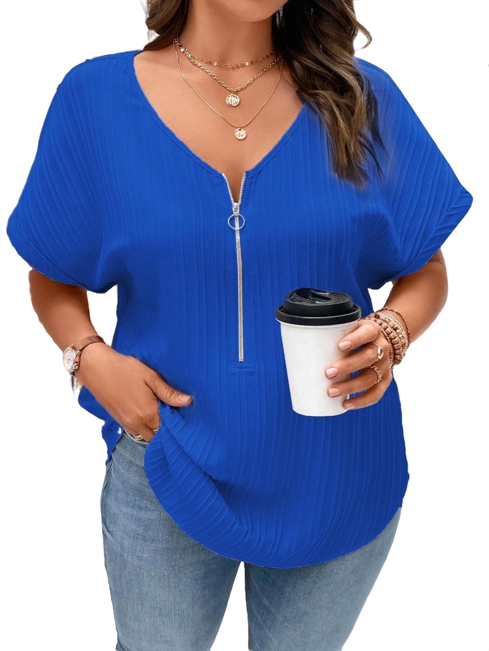 Casual Plain V neck Top Short Sleeve Royal Blue Plus Size Blouses ...