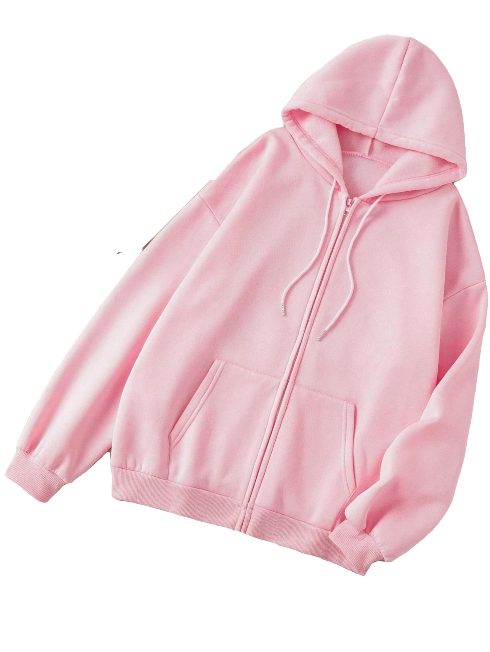 Casual Plain Zip Up Thermal Lined Hoodie Pink Women Sweatshirts ...