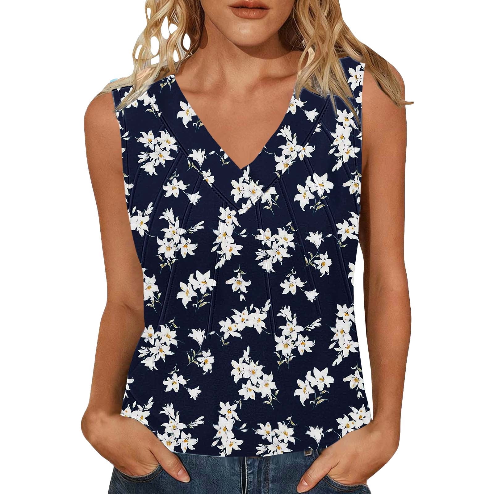 Casual Pleated Tank Tops for Women Fashion Summer Floral Print V Neck ...