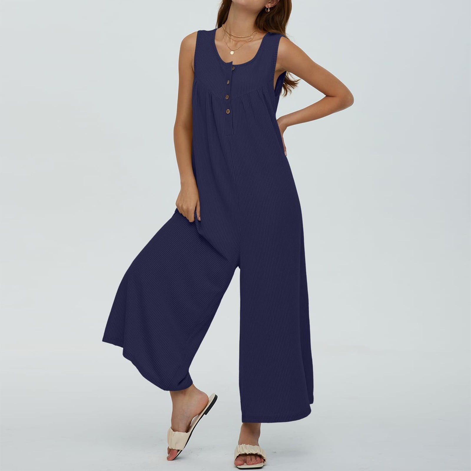 Casual Pocket Women Romper Strap Solid Playsuit Button Long Jumpsuit ...