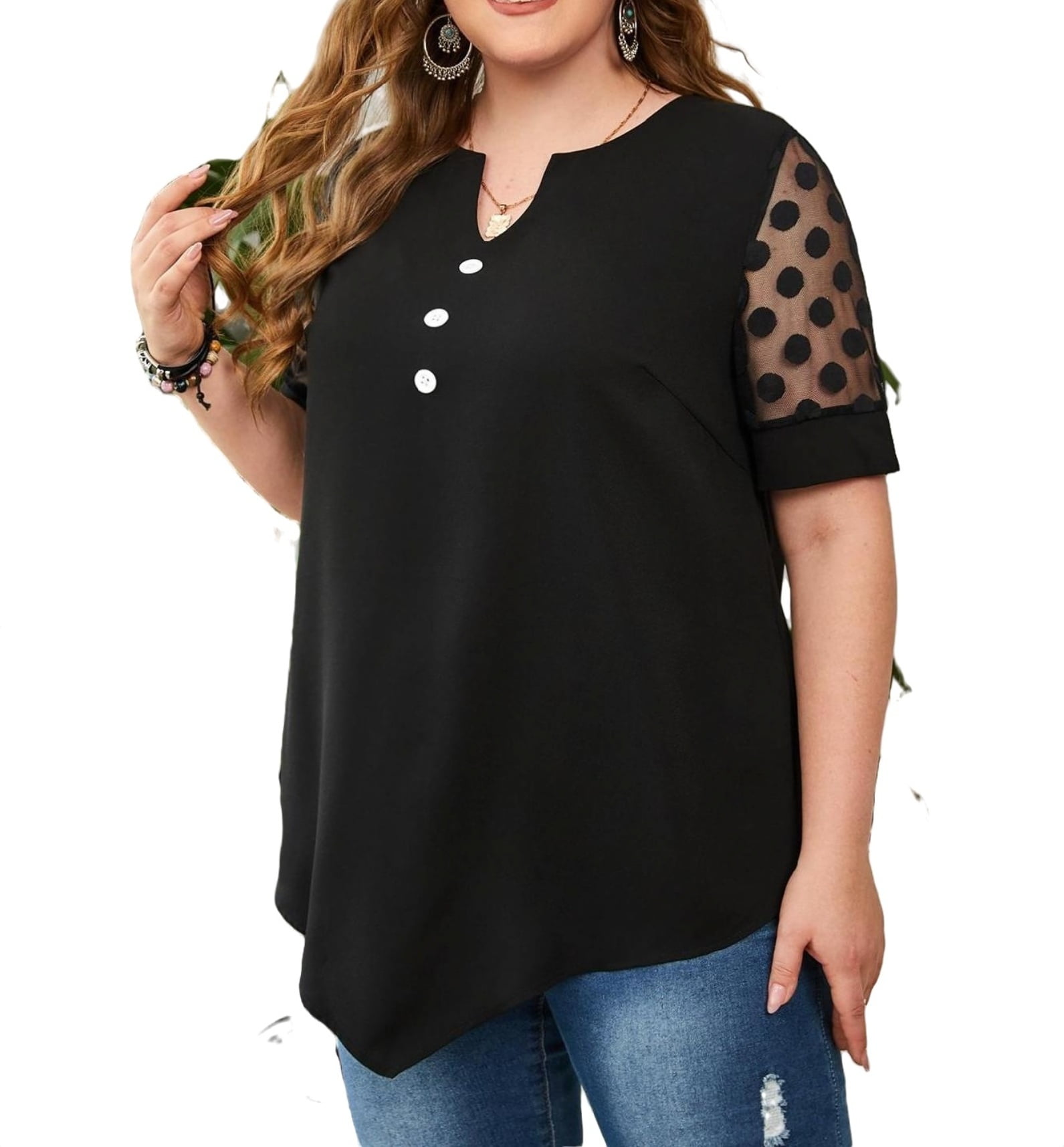 Casual Polka Dot Notched Neck Tunic Short Sleeve Black Plus Size