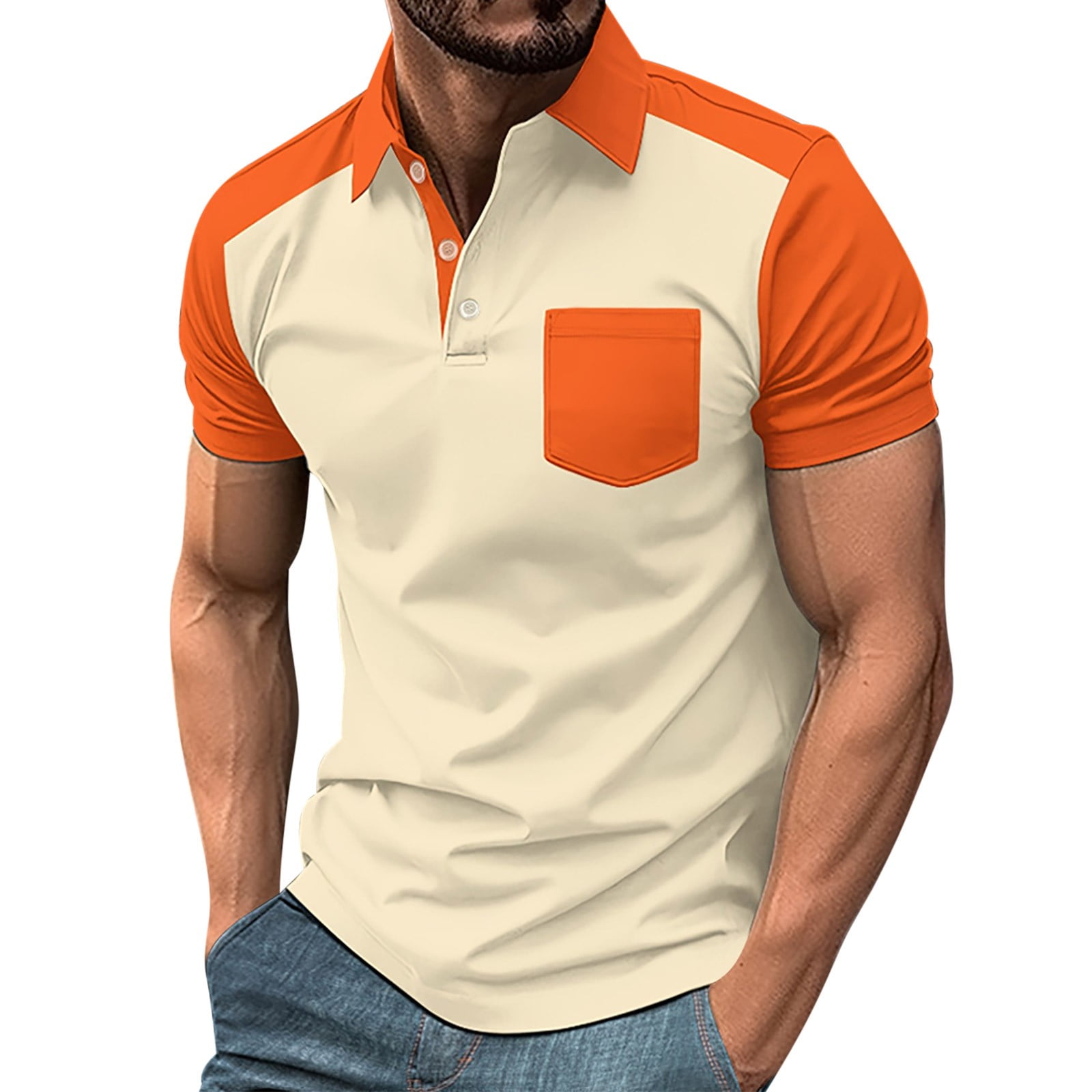 Casual Polo Shirts for Men Color Block Tees Pocket Short Sleeve Casual ...
