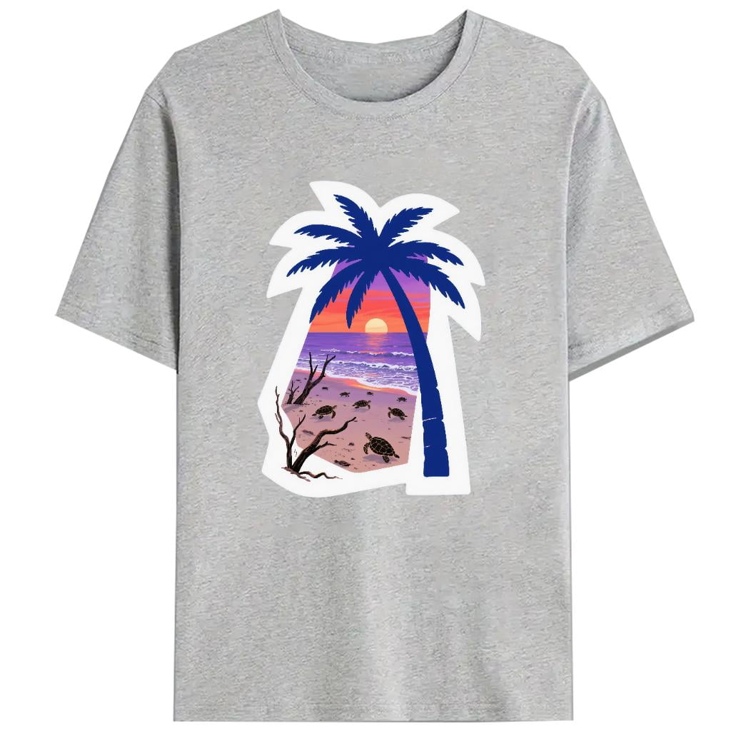 Casual Print Graphic Tee,Tropical Sunset Palm Tree Tee: Beach ...