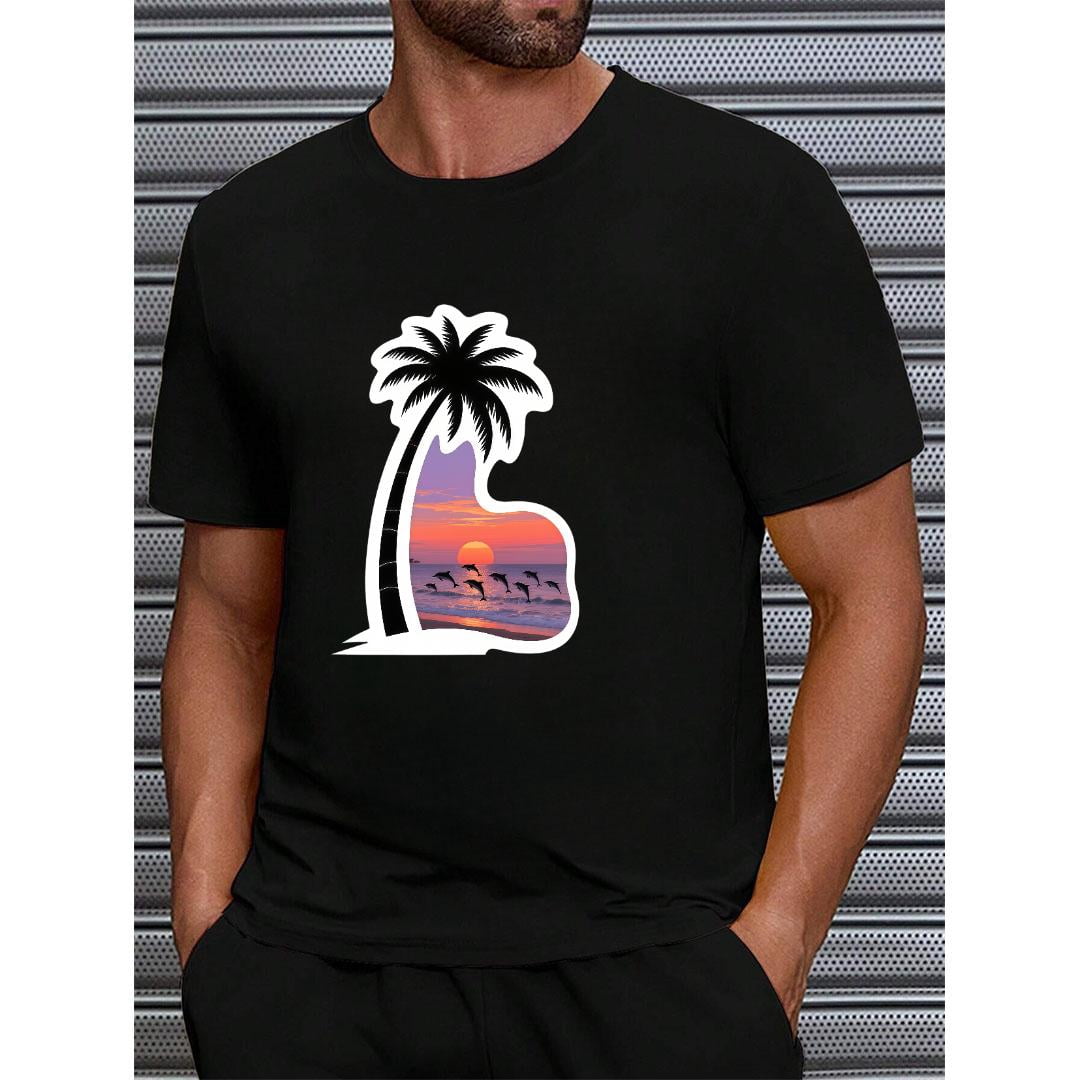 Casual Print Graphic Tee,Tropical Sunset T - Shirt: Idyllic Beach Scene ...