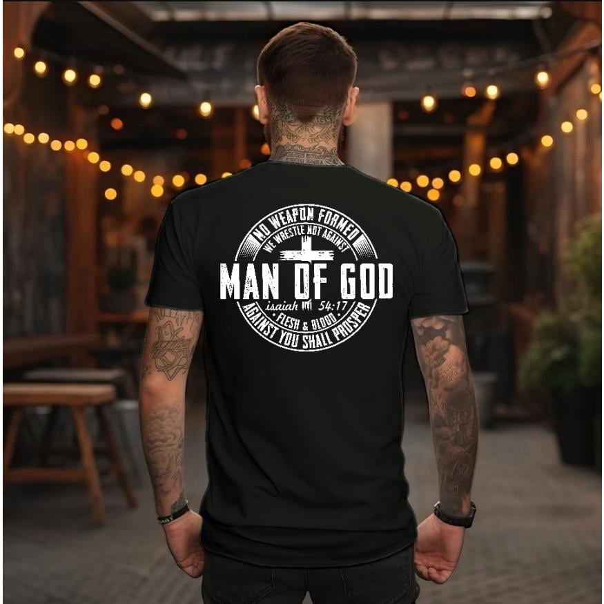 Casual Print Graphic Tee,with "Man Of God" Slogan,"No Weapon Formed ...