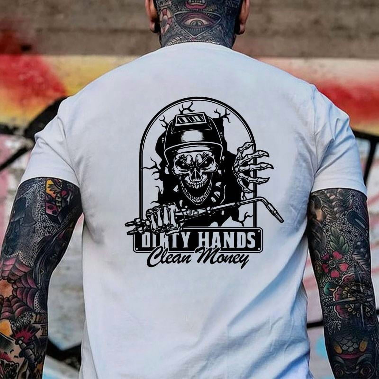 Casual Print Tee,with Edgy Skull Design and "Dirty Hands Clean Money ...
