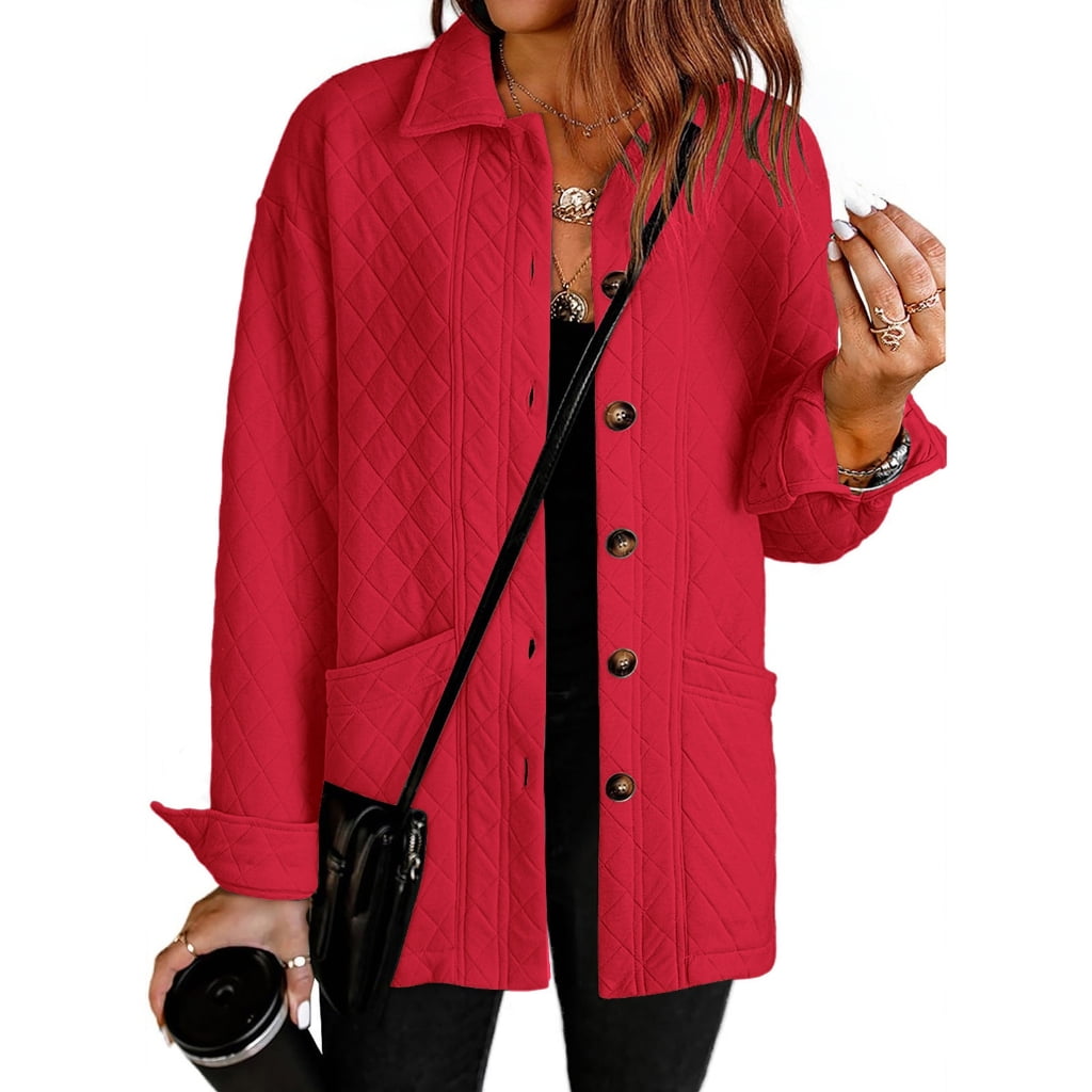 Casual Quilted Jackets for Women Button Down Collared Long Sleeve ...
