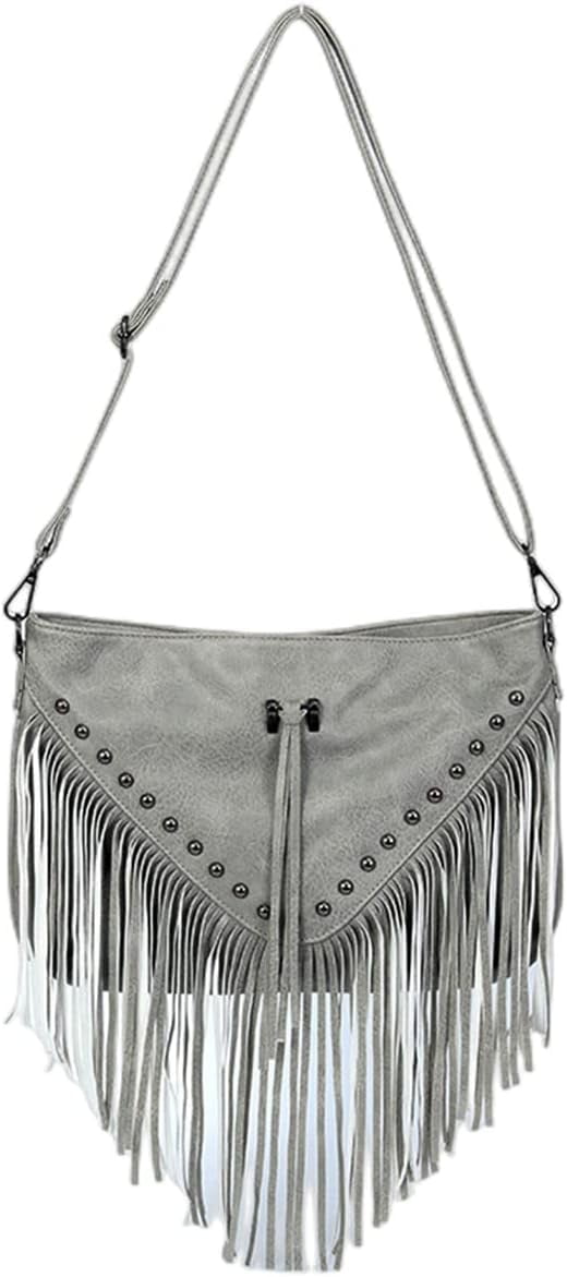 Casual Rivets Fringed Shoulder Handbag for Women,Soft Vegan Leather ...