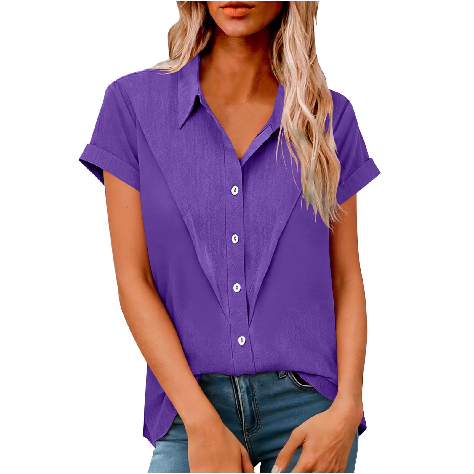 Casual Rolled Sleeve Tunic Tops for Women Button Down Short Sleeve ...
