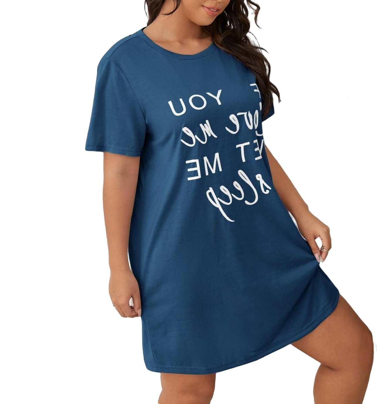 Casual Round Neck Sleepshirts Short Sleeve Navy Blue Plus Size ...