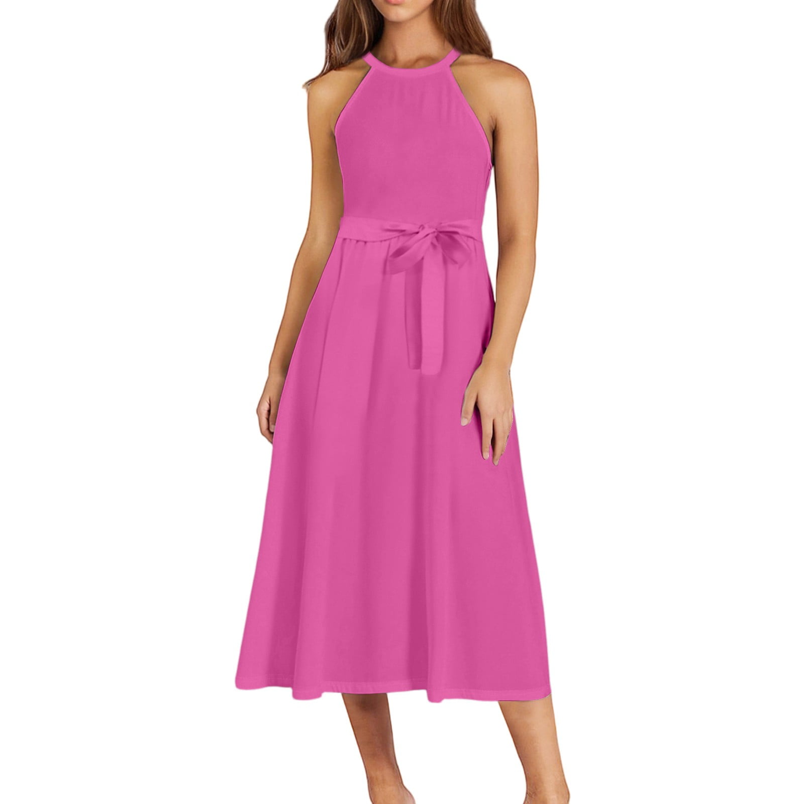 Casual Round Neck Sleeveless Mini Dress Solid Color Stretchy Knit ...