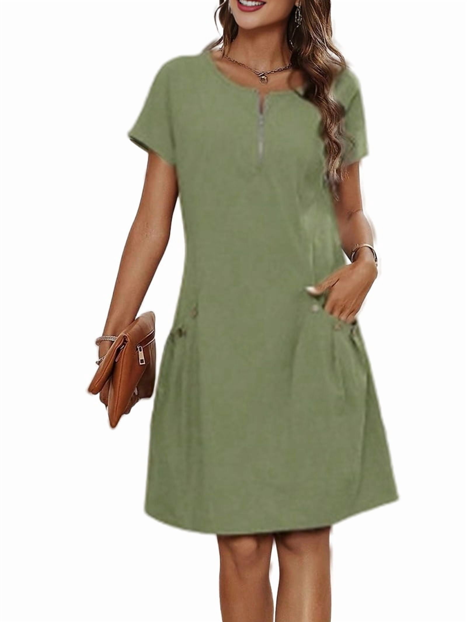 Casual Round Neck Solid Color Double Pocket Dress for Womens Light ...