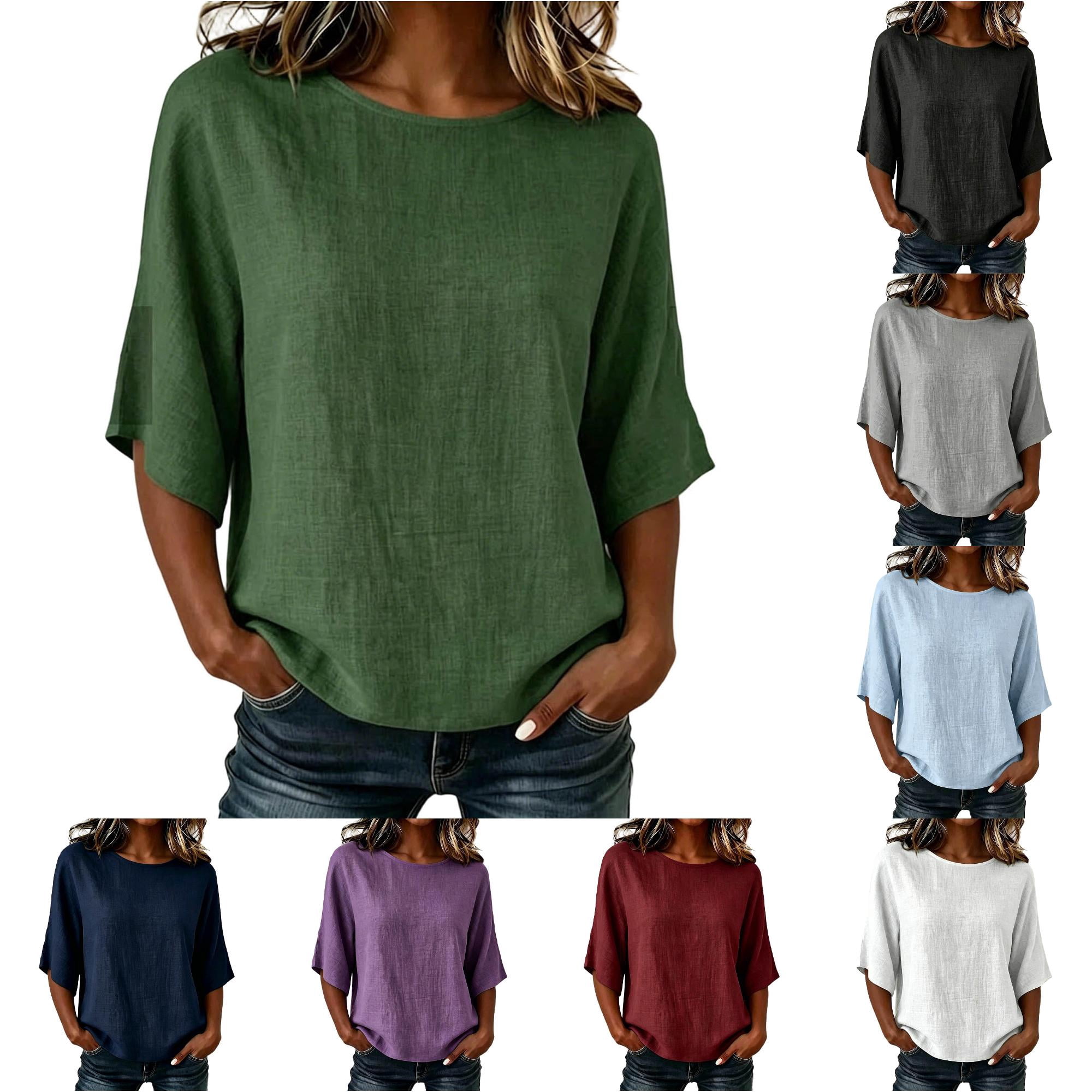 Casual Round Neck Solid Color Three Quarter Sleeve Blouse Tee Top for ...
