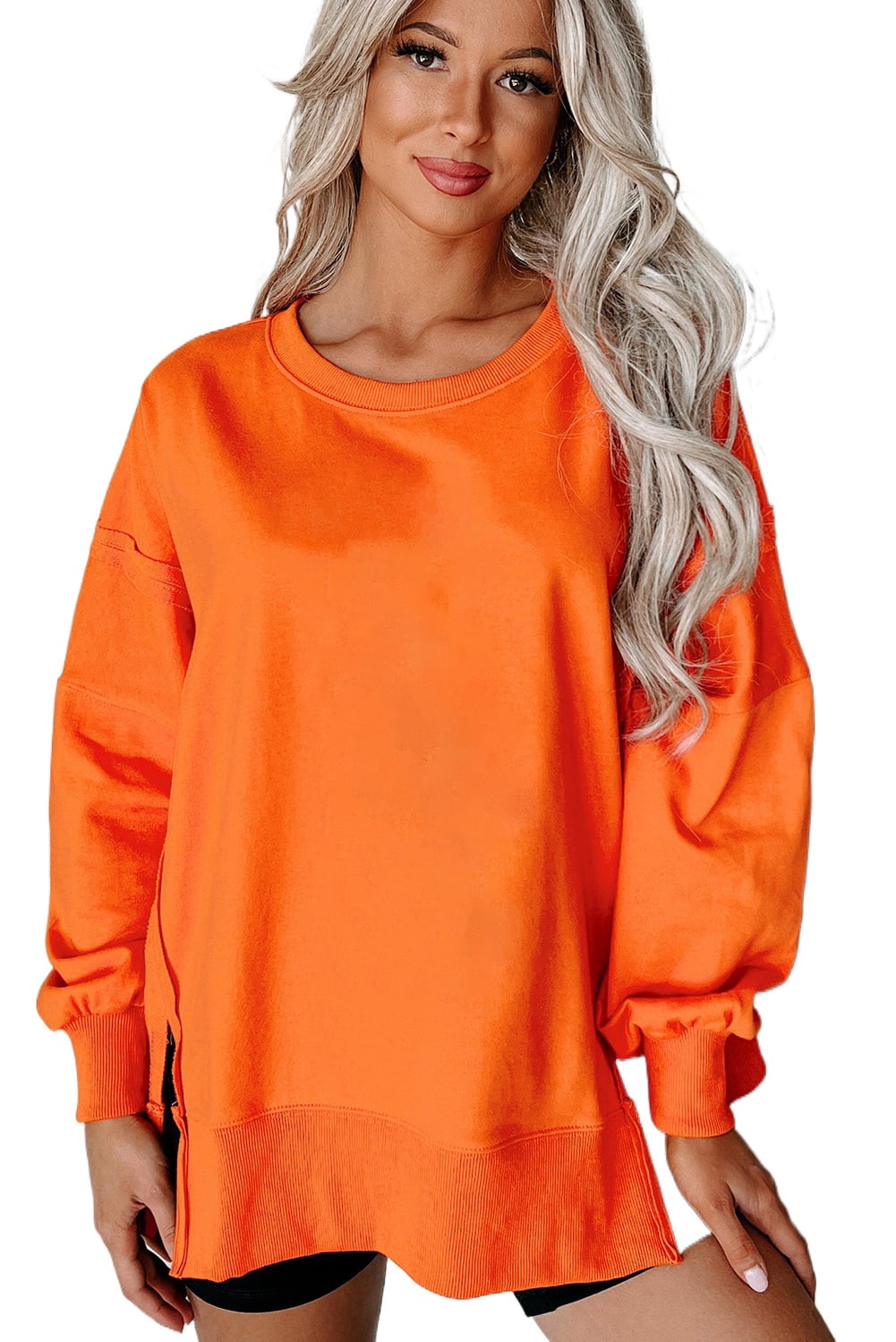 Casual Round Neck Sweatshirt with Exposed Seams and Slits - Orange ...