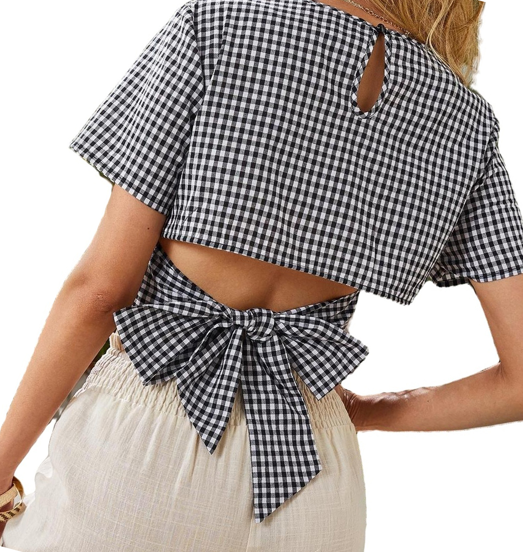 Casual Round Neck Top Short Sleeve Black and White Womens Blouses ...