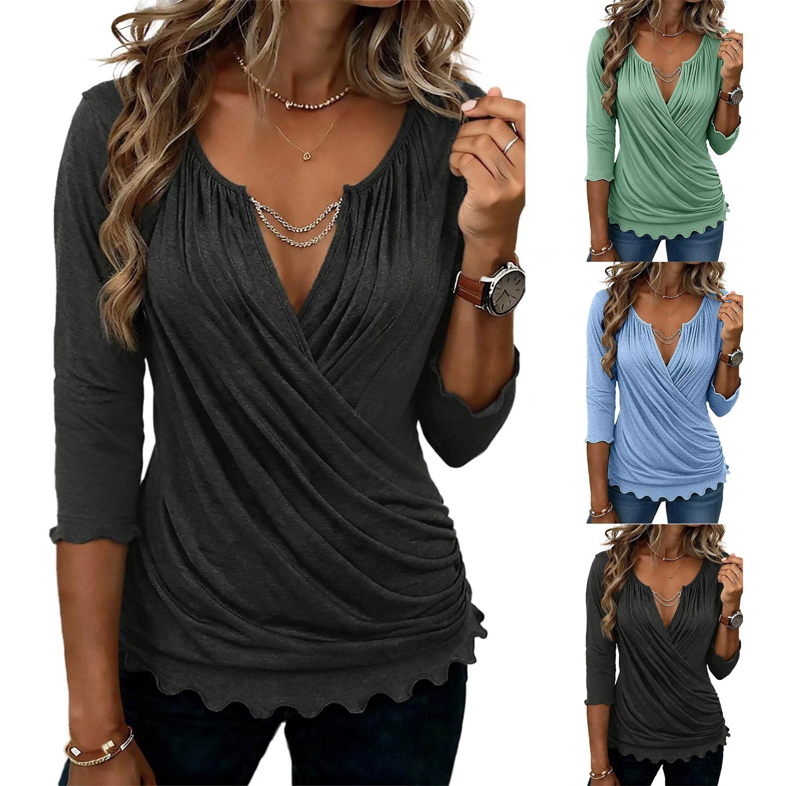 Casual Ruched V Neck Tops for Women 3/4 Sleeve Cross Front Scalloped ...